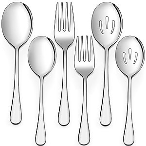 LIANYU 2 Serving Spoons, 2 Slotted Serving Spoons, 2 Serving Forks, 8 3/4 Inch Stainless Steel Buffet Catering Party Banquet Serving Spoons Forks Set, Mirror Finished, Dishwasher Safe