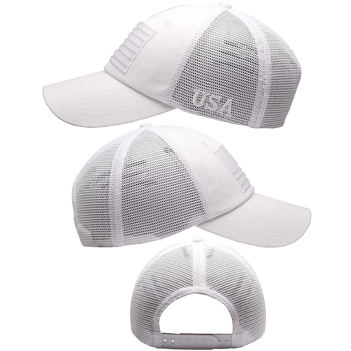 Antourage American Flag Unconstructed Hat for Men and Women Twill Mesh Snapback Baseball USA Flag Cap + 2 Patriotic Patches ((16) White Classic Mesh Snapback)