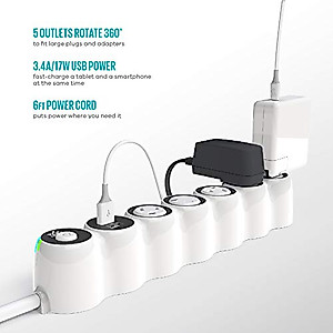 360 Electrical PowerCurve Power Strip, Extension Cord with Multiple Outlets and 2 3.4A USB Ports, 5 Rotating Outlets, Outlet Extender 6 ft, Surge Protector Power Strip with USB Ports, White