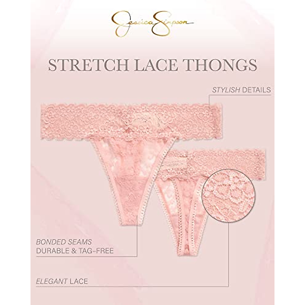 Jessica Simpson Women's Underwear - 5 Pack Stretch Microfiber Lace Thong Panties (S-XL), Size Large, Black/Black/Animal Blush/Rose/Floral Rose
