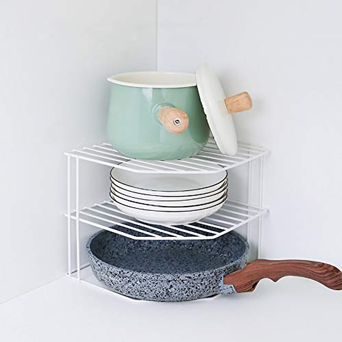 IMIKEYA Corner Shelves Metal Shelves Metal Shelves 2-Tier Corner Shelf and Cabinet Organizer for Kitchen Cabinet Pantry Dishes Corner Rack for Kitchen (White) Metal Shelf Metal Shelf Metal Shelves