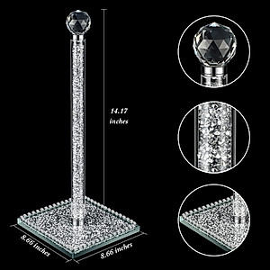 Silver Paper Towel Roll Holder, 13 Inch Square Base Standing Paper Towel Stand with Sparkly Crystal Crushed Diamonds Decor for Kitchen Table or Bathroom