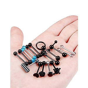 Prjndjw 14G Tongue Rings Surgical steel tongue piercing jewelry 5/8 inch 16mm Skull Heart Flower T Shape Koosh Spiky Silicone Soft Spike Ball Door Knocker Tongue Ring Body Piercing Jewelry Retainer