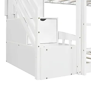 Twin Over Twin Bunk Bed for Kids Toddlers, House Bunk Bed Farm with Storage Steps and Slide Ladder Roof Guardrail for Girls/Boys, No Spring Box Required (White--Wood)