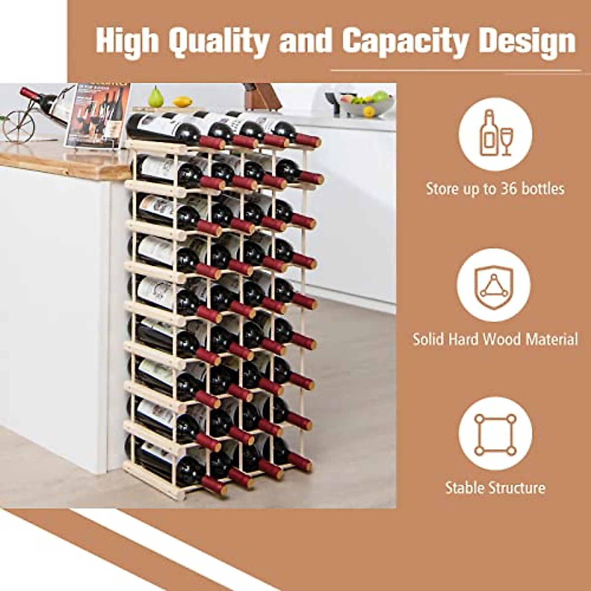 36 Bottle Wooden Wine Rack for Wine Cellar, 34” x 9.5” x 17.5” 4-Tier Large Floor Freestanding Modular Wine Bottle Storage Display Shelf Natural Bamboo Wood Construction for Kitchen and Cellar