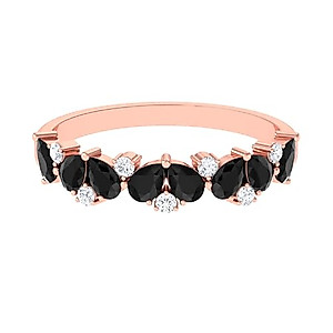 Certified Black Onyx Diamond Half Eternity Band Ring, AAA Quality, December Birthstone Ring (Ready To Gift), 14K Rose Gold, Size:US 9.00