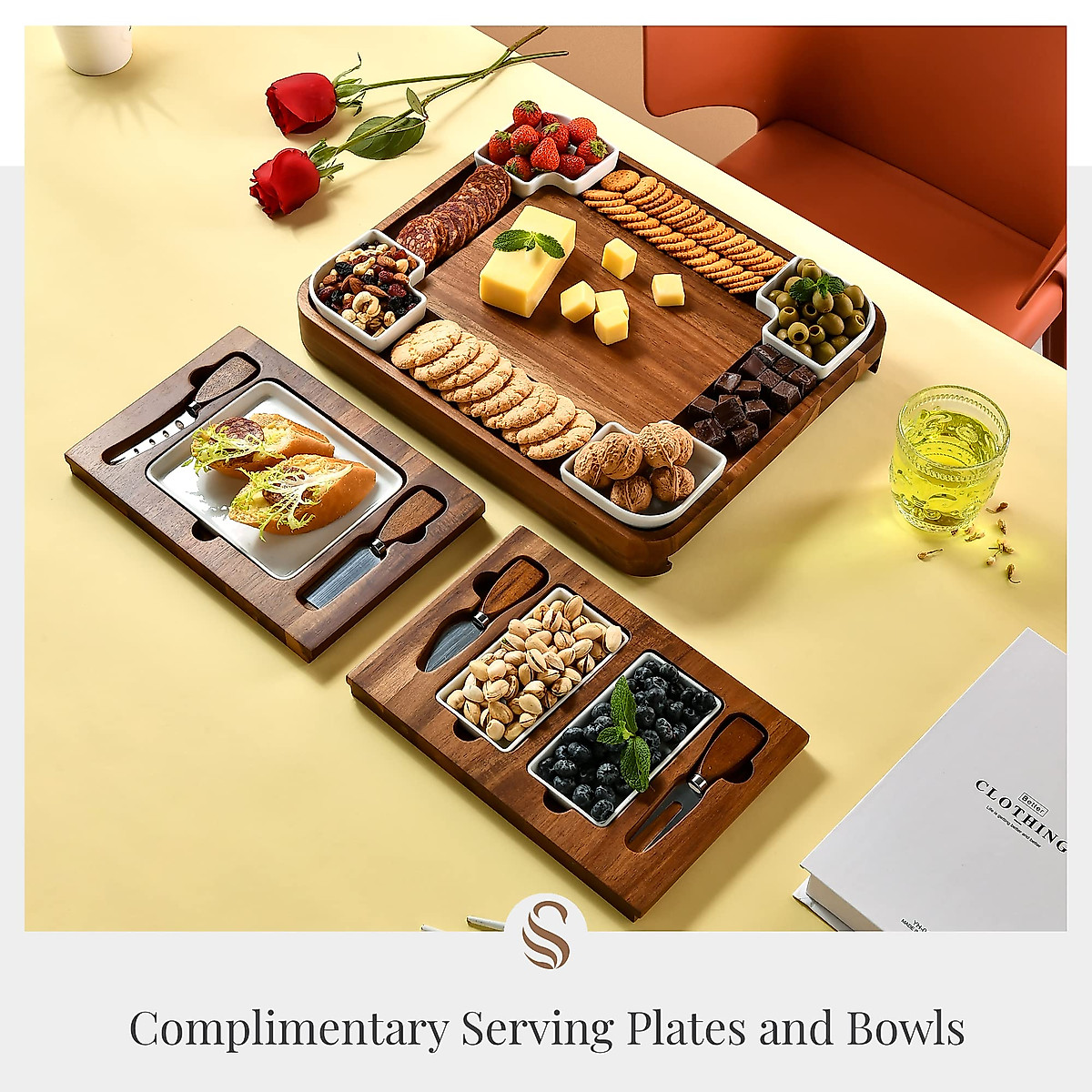 Shanik Upgraded Acacia Cheese Board Set, Square Shaped Charcuterie Set, Cheese Platter, Handcrafted Design and Stainless Steel Cutlery Set - Gift For any Occasion without engraving