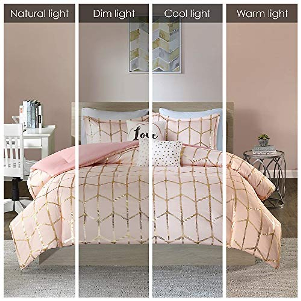 Intelligent Design Raina Comforter Microfiber Metallic Print Geometric Design Embroidered Toss Pillow Modern Trendy Casual All Season Bedding Set Matching Sham, Full/Queen, Blush/Gold 5 Piece