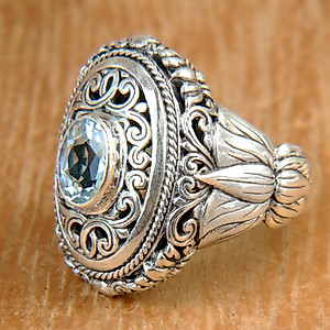 NOVICA Artisan Handmade Blue Topaz Cocktail Ring 1.5 Carat Sterling Silver Single Stone Indonesia Serenity Airy Birthstone [crownbezel 1 in L x 0.7 in W x 0.4 in D Band Width 4 mm W] ' Island Blue'