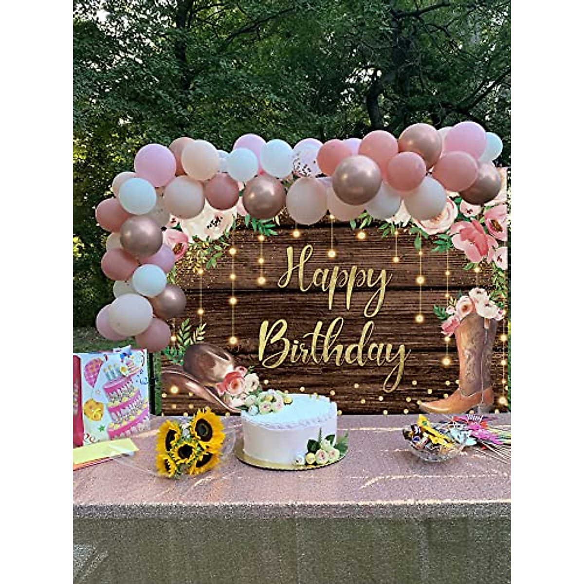 Cowgirl Happy Birthday Backdrop 7x5FT Western Hat Boot Floral Glitter Brown Rustic Wooden Boho Bday Photography Background for Women Country Party Decorations Banner Props