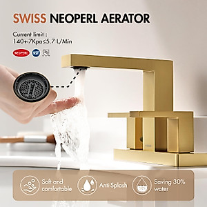 INDARE 2 Handle Centerset Bathroom Faucet， Gold Bathroom Faucets for Sink 3 Hole， 4-Inch Bathroom Sink Faucet， Bathroom Faucets with Pop-Up Drain & Supply Lines， Brushed Gold，110107-BG-1