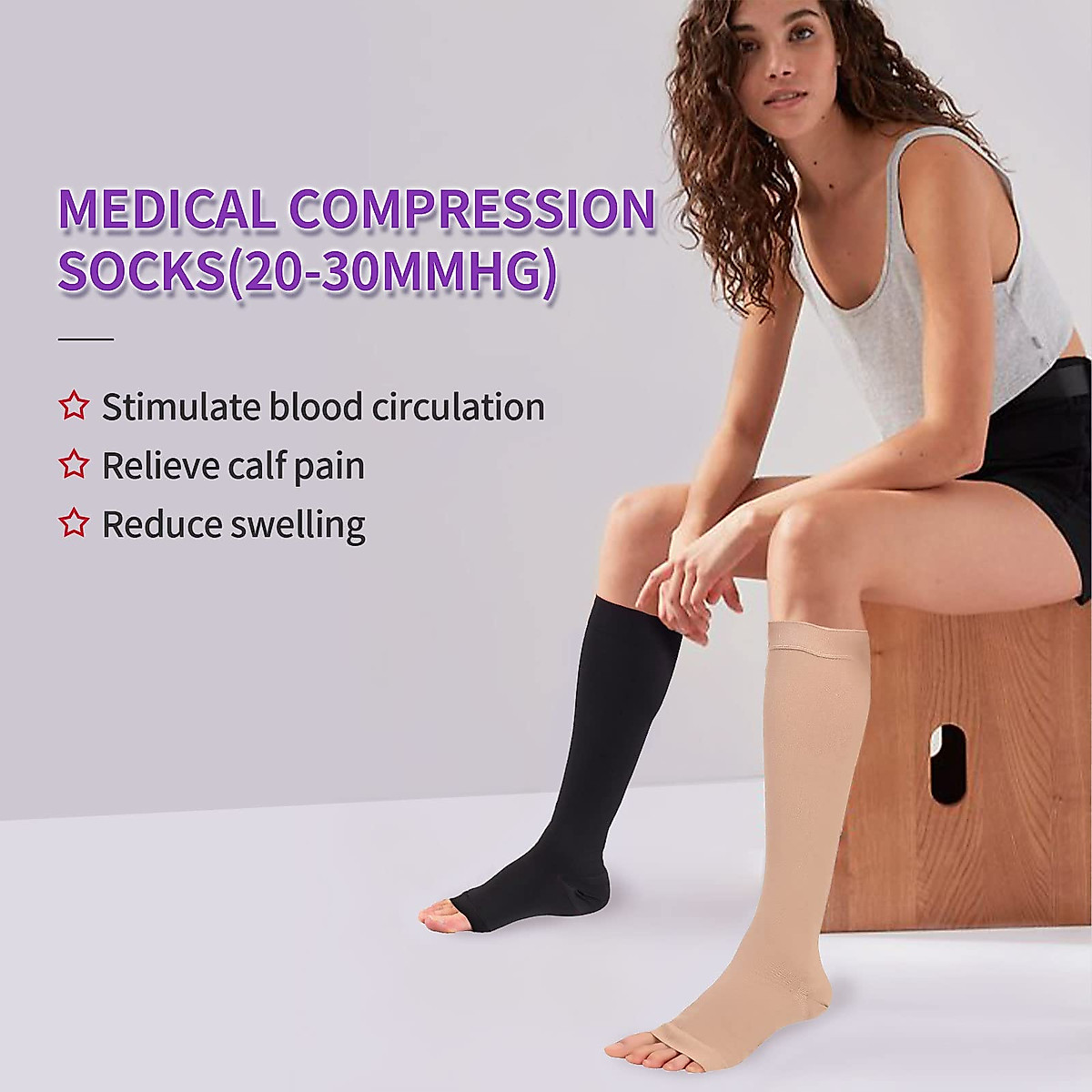 Open Toe Compression Socks Compression Stockings Toeless Support Hose 20 -30 mmHg Medium