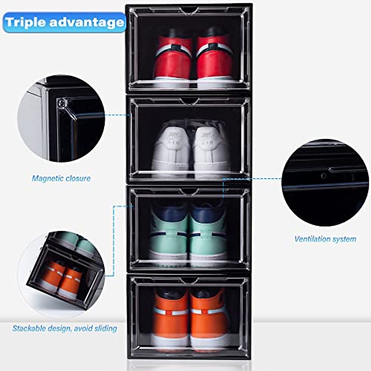 YOLOPARK Drop Front Shoe boxes Clear Plastic Stackable 6 Pack Sneaker Display Case with Magnetic Door Shoe Containers for Closet with Lids, Shoe Storage Boxes Fit Size Up to US 12.5