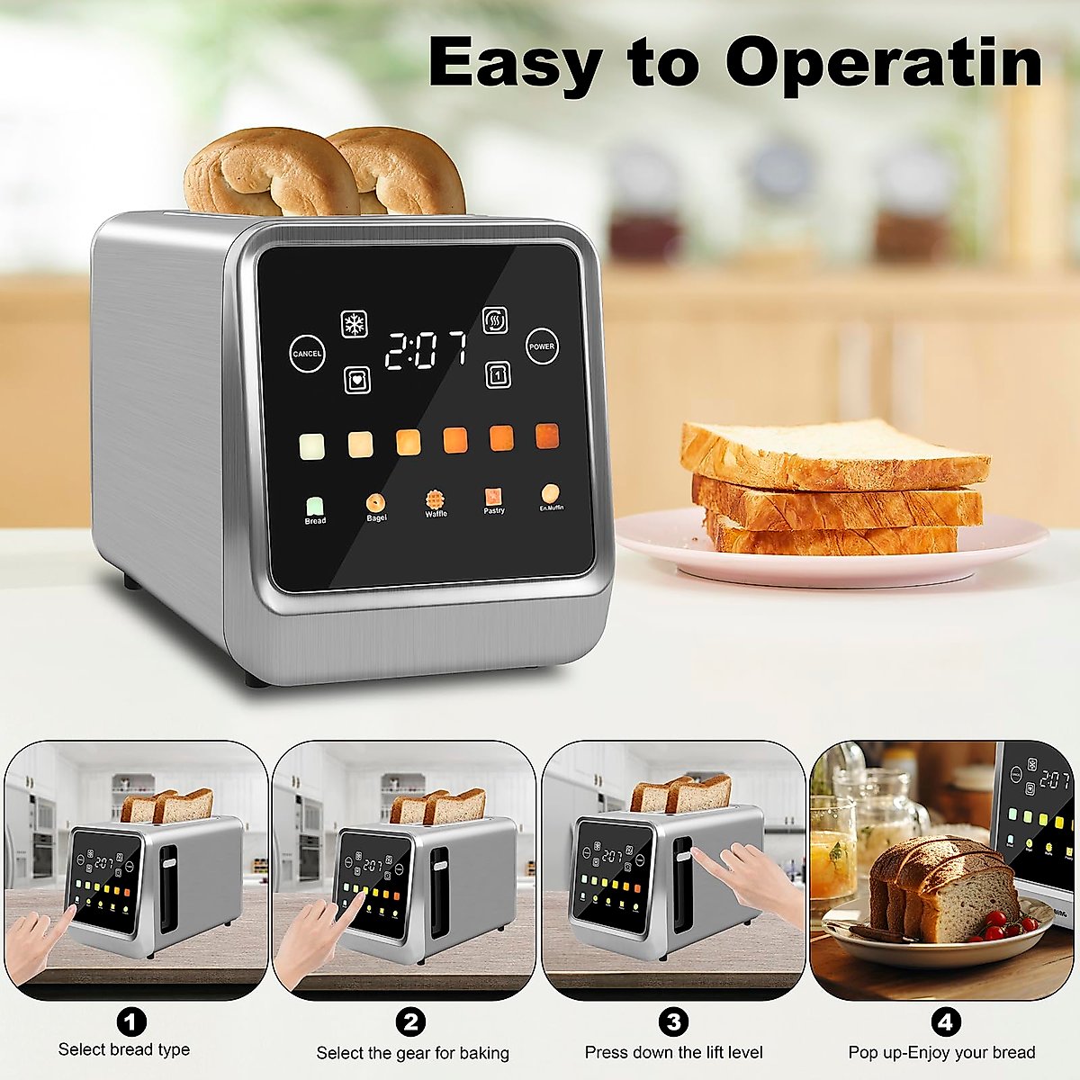 Touch Screen Toaster 2 Slice, Bagel Toaster with LCD Display, Stainless Steel Smart Digital Toasters with Single Slot Toasting,Memory Function
