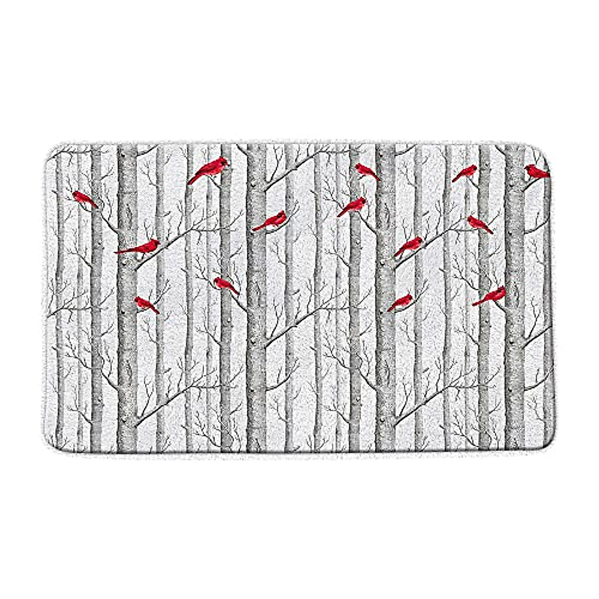 Tree Bird Bath Mat Abstract Birch Tree Forest Red Bird Branches Leafless White Gray Fall Nature Winter Holiday Christmas Bathroom Decor Memory Foam Kitchen Rug,17.8x29.5 Inch