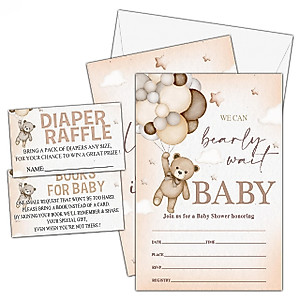 TIOFUNO Set of 25 Baby Shower Invitations, Balloon Bear Gender Reveal Party Invites with Envelopes, Book Request Cards, Diaper Raffle Tickets for Party Decorations Supplies - B12