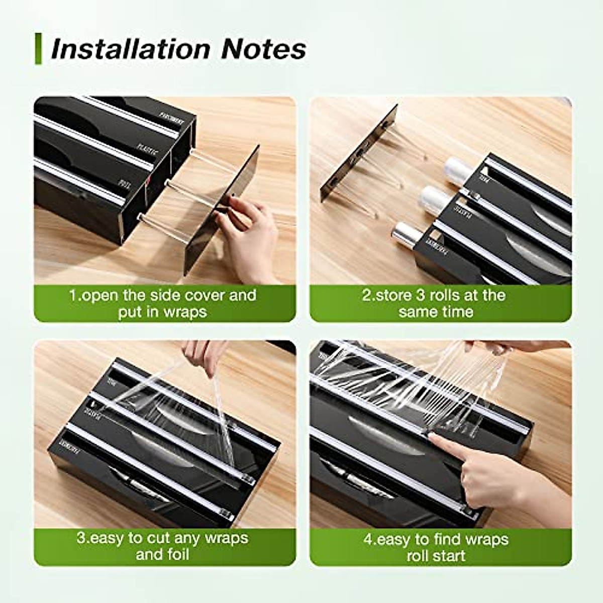 3 in 1 Acrylic Plastic Wrap Dispenser with Slide Cutter and Holder, Saran Wrap, Aluminum Foil and Parchment Paper Organizer Holder for Kitchen Drawer, Fits 12" Roll, Black