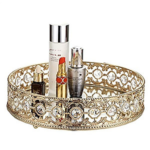 ELLDOO Crystal Mirror Vanity Tray - 9.8" Round Jewelry Trinket Tray Gold Decorative Tray for Dresser Glass Makeup Tray Bathroom Tray Storage Perfume Organizer for Bedroom