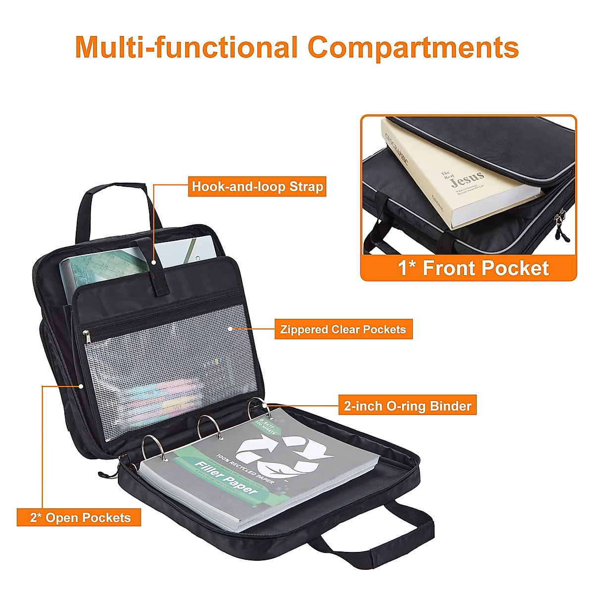 Zipper Binder, 2 Inch 3-Ring Binder with Zipper, Multi Pockets Organizer Binder, 500 Sheet Capacity, Comes with Shoulder Strap, Black