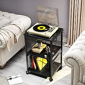 TC-HOMENY Vinyl Record Storage Table, 3-Tier Record Player Stand with 3 Quick-Release Divider Up to 200 Albums, Fashion Turntable Stand for Bedroom Living Room and Office