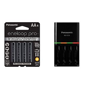 Eneloop Panasonic BK-3HCCA4BA pro AA High Capacity Ni-MH Pre-Charged Rechargeable Batteries, 4 Pack, Black & BQ-CC55KSBHA Advanced pro Rechargeable Battery 4 Hour Quick Charger, Black