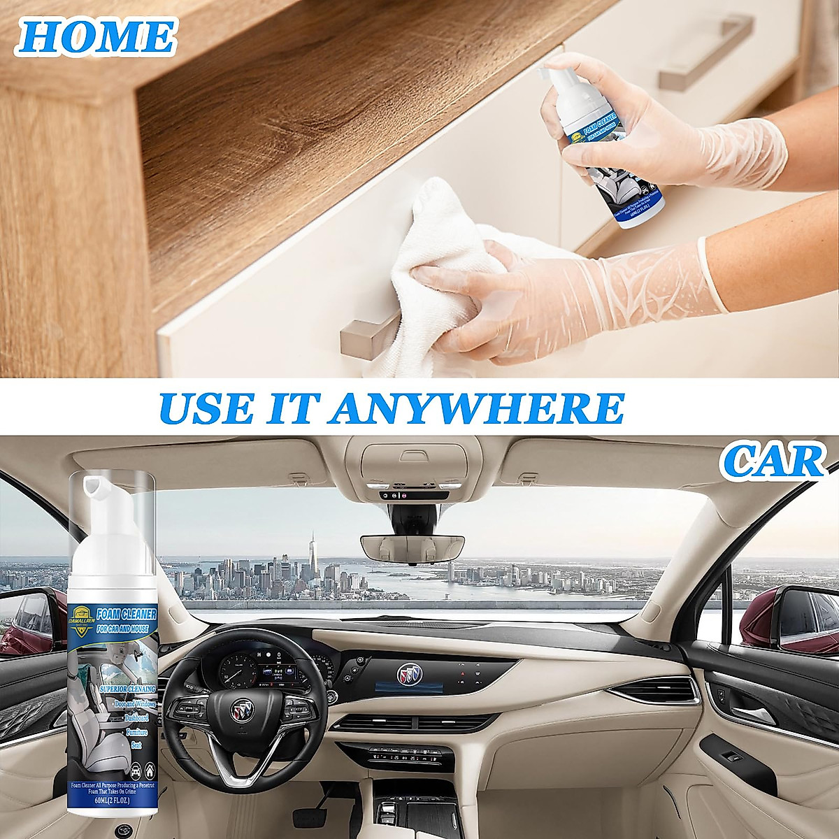 Foam Cleaner For Car, 2 Pack Interior Car Cleaning Kit for Car and House, Car Interior Cleaner Remove Stain from Leather, Carpet, Upholstery, Fabric, Lemon Flavor Car Detailing Kit Interior Cleaner