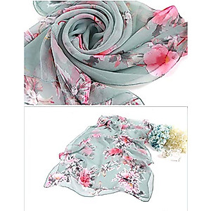 AliceLife Print Silk Feeling Scarf Fashion Scarves Lightweight Sunscreen Shawls for Women (peach blossom&Green)