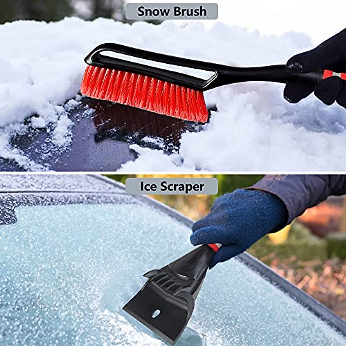 FOVAL 27" Snow Brush with Wider Ice Scraper (4.73" Width)(2 Pack), Snow Removal Car Brush with Comfortable Foam Grip for Cars, Trucks, SUVs, Windshield (Heavy Duty ABS, PVC Brush)(Red)