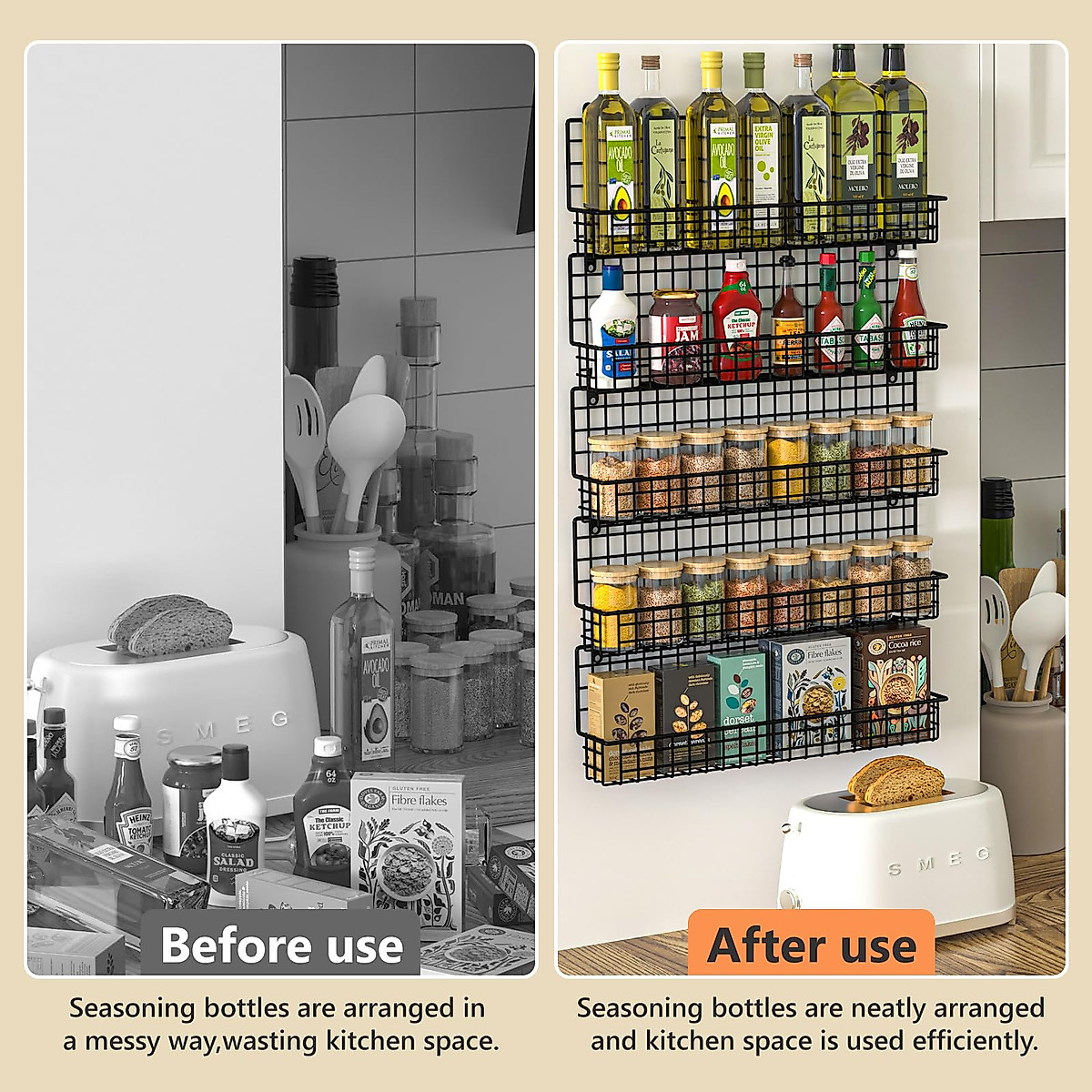 Spice Rack Organizer Wall Mounted 5-Tier Stackable Hanging Spice Jars Storage Racks,Great for Kitchen and Pantry,Up to Storage 48 Jars(Patent No.:D909138S)