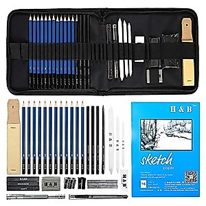 H & B Drawing Pencils Set, 33 Pieces Sketch Pencils & Drawing Kit, Complete Artist Kit Includes Sketch Pad, Graphite Pencils, Charcoal Sticks and Eraser, Art Supplies for Artists Beginner Adults Teens