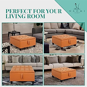 Ciara 35-Inch Air Leather Tufted Upholstered Lift-Top Ottoman Cube Bench, Large Square Storage Coffee Table for Dorm Room, Toy Box, Footrest Stool, Caramel Ottoman with Spacious Interior Compartment