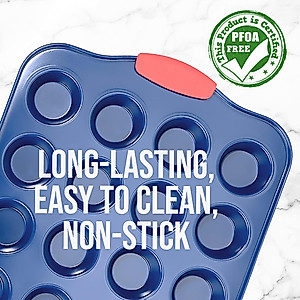 NutriChef 17” Nonstick Mini Muffin Pan - Premium Carbon Steel 24 Cup Baking Tray w/ Red Silicone Handles, Easy to Clean Mini Cupcake Bakewear - Dishwasher Safe, Blue