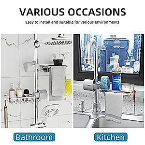 JYL HOME Faucet Sponge Holder Soap Dishcloth Brush Sink Caddy Drain Rack Aluminum Organizer for Kitchen Bathroom with Hook, Matte Black, Style 4