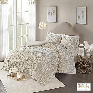 Madison Park Laetitia Comforter Bohemian Tufted Cotton Chenille, Medallion Shabby Chic All Season Down Alternative Bed Set with Matching Shams, Floral Taupe King/Cal King(104"x92") 3 Piece