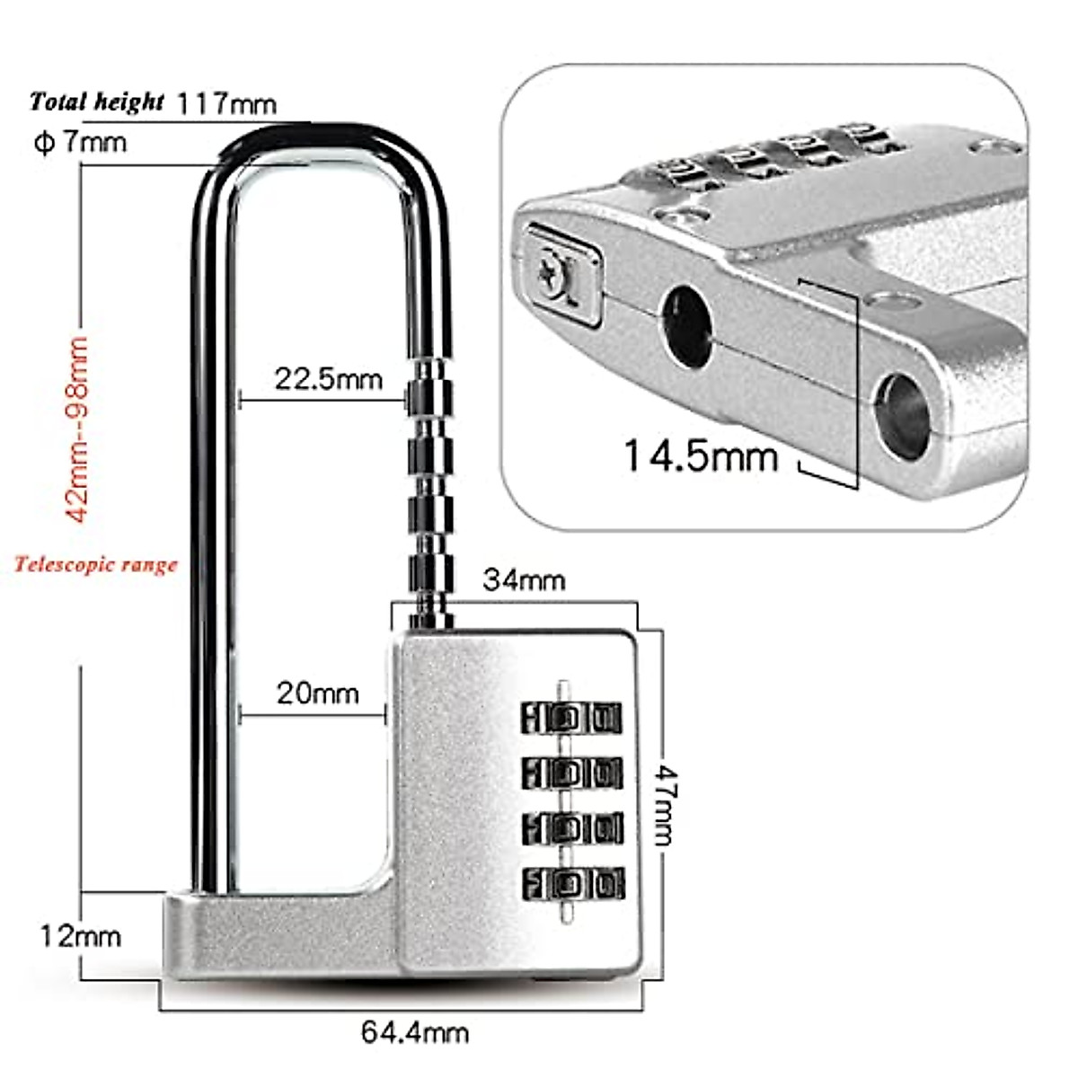 Padlock, Combination Lock, 4 Digit Combination Padlock, 2-1/2" (64mm) Wide Body. 3/8 inch Stainless Steel Retractable Long Shackle is Suitable for Outdoor, School, Gym, Sports lockers, Fences,