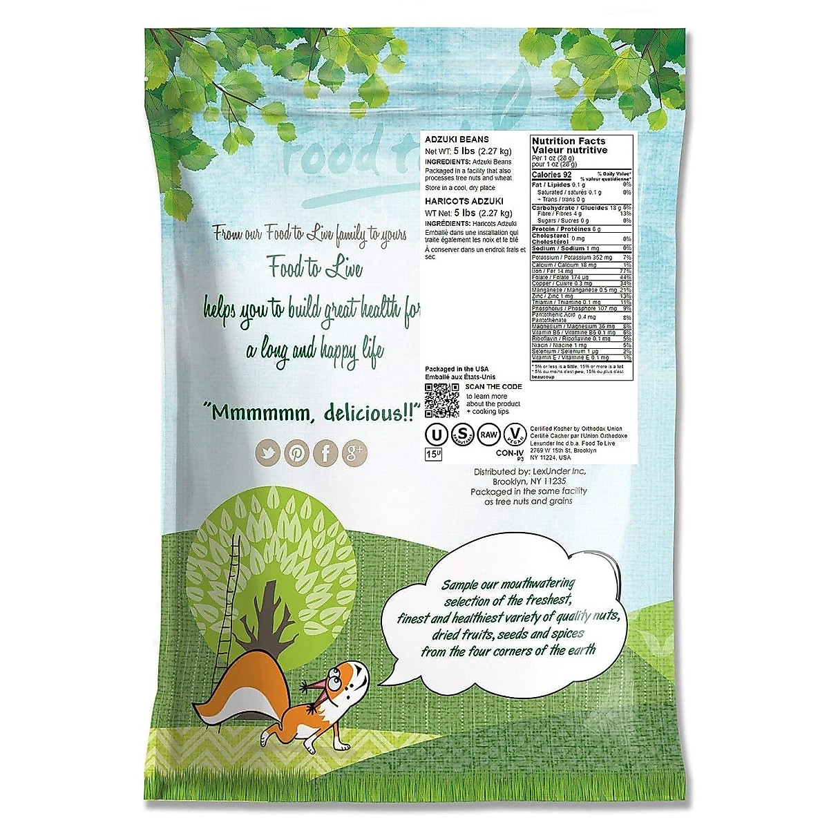 Food to Live - Adzuki Sprouting Beans, 5 Pounds Whole Raw Dried Azuki Beans (Red Mung Beans), Vegan, Kosher, Bulk. Rich in Minerals, Dietary Fiber, and Protein