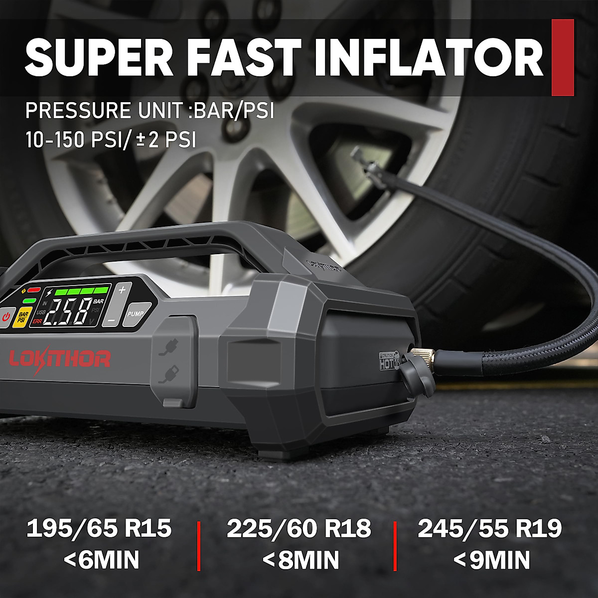 LOKITHOR JA400 1750A 12V Jump Starter with Air Compressor, 60W Two-Way Fast Charing, Lithium Car Battery Starter with 150PSI Digital Tire Inflator, Booster Pack for 7.5L Gas or 5.5L Diesel Engines