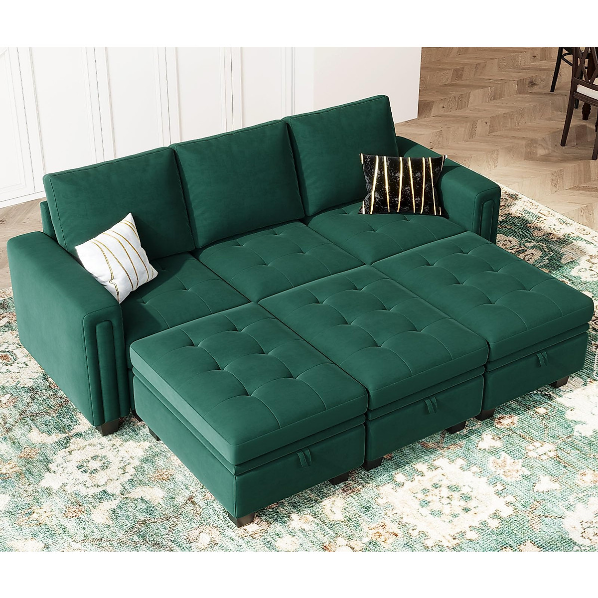 Belffin Green Velvet L-Shape Modular Convertible Sofa Bed with Storage, 83.4x62.2x35.8 inches, 6 Pieces, Medium Firmness