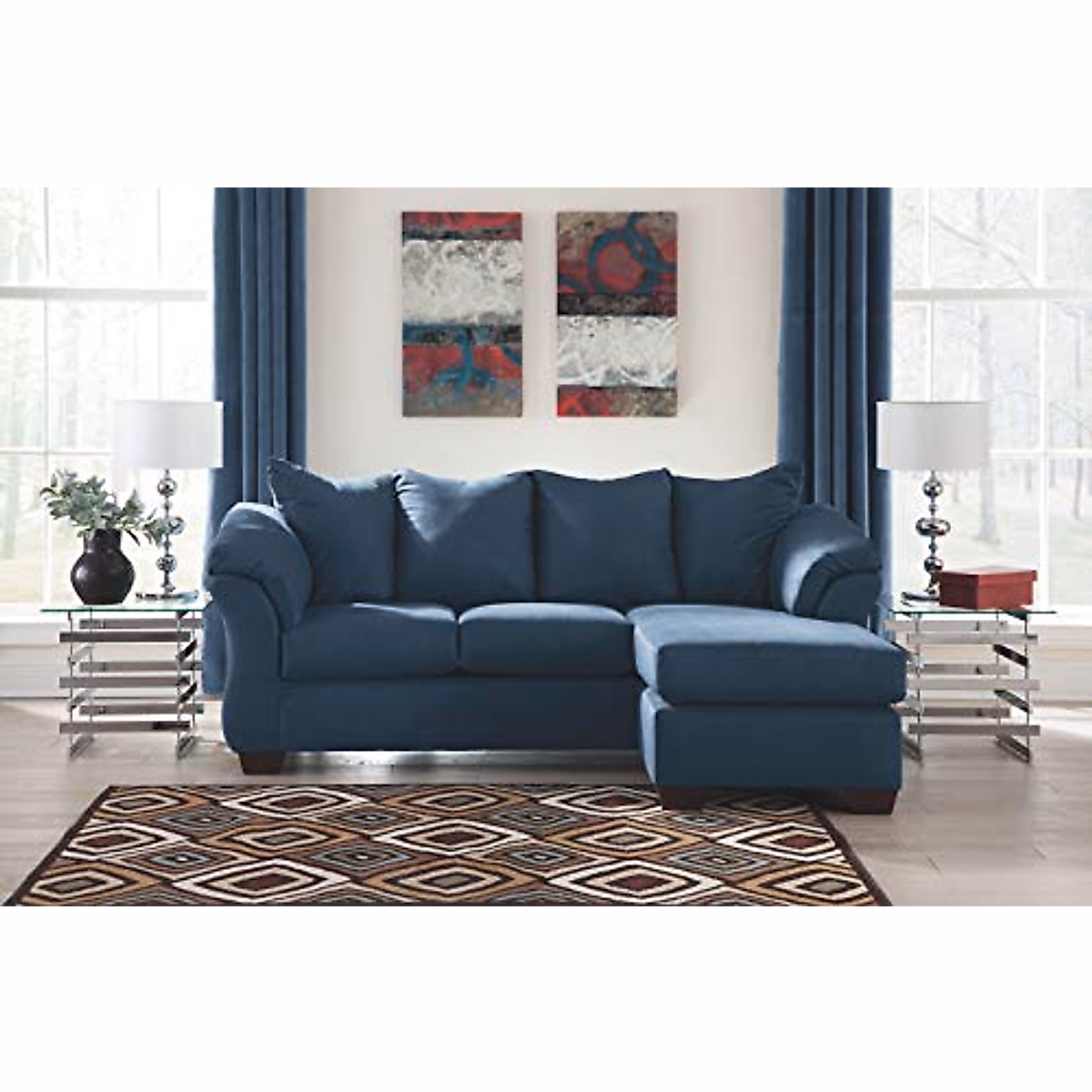 Signature Design by Ashley Darcy Casual Plush L-Shaped Reversible Sofa Chaise Chofa, Dark Blue