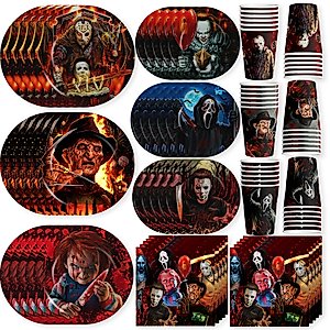 RYTUYIK Horror Movie Birthday Party Supplies Disposable Halloween Paper Plates and Napkins Cups for Horror Birthday Decorations for Halloween Party Supplies, Serve 30