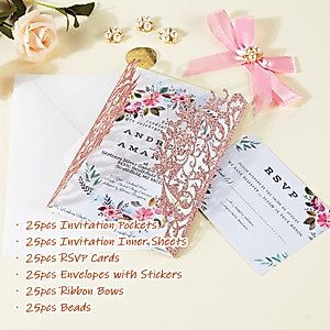 Maffily Glitter Laser Cut Wedding Invitations With Envelopes And Rsvp Cards Blank Inner Sheet Pink Gold Wedding Invitation Personalized 25Pcs For Engagement Quinceanera Bridal Baby Shower Birthday
