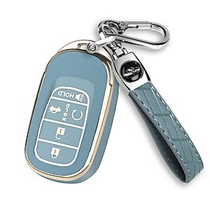 QBUC for Honda Key Fob Cover, Soft TPU Car Key Case Protector with Leather Keychain Compatible with Honda Accord Civic HR-V CR-V Pilot Odyssey Smart Remote Key