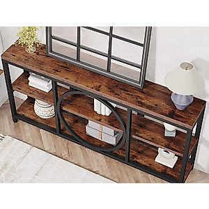Tribesigns Extra Long Console Table, 70.9 inch Narrow Sofa Tables with 3 Tier Wood Storage Shelves Industrial Metal Frame for Entryway Hallway Living Room Behind Couch, Rustic Brown Black
