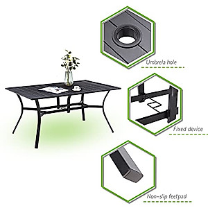 VICLLAX Outdoor Patio Dining Table for 6, 59"x 38" Metal Slatted Tabletop with Umbrella Hole for Patio Lawn Deck