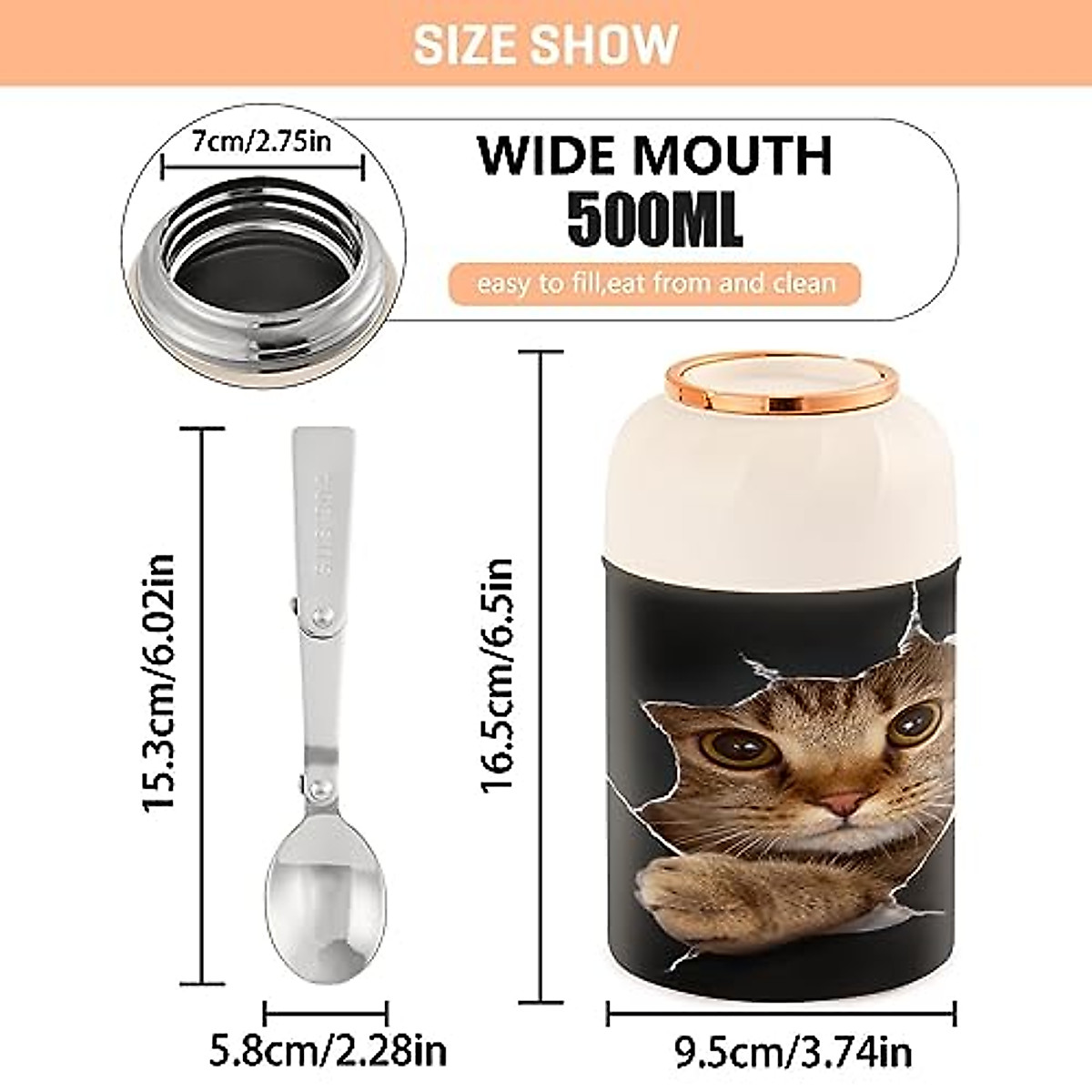 CUPADA Cat Funny Food Jar, Black Paper Hole Insulated Hot Food Jars Vacuum 17OZ with Folding Spoon for Work Trip Picnic Camping