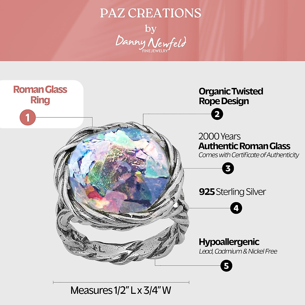 PZ Paz Creations Roman Glass Statement Ring For Women Sterling Silver Organic Design (6)