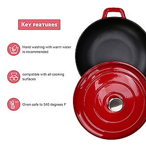Puricon Enameled Cast Iron Casserole Braiser Pan 3.8 Quart, 12 Inches Enamel Cookware Skillet with Lid and Dual Handles -Red