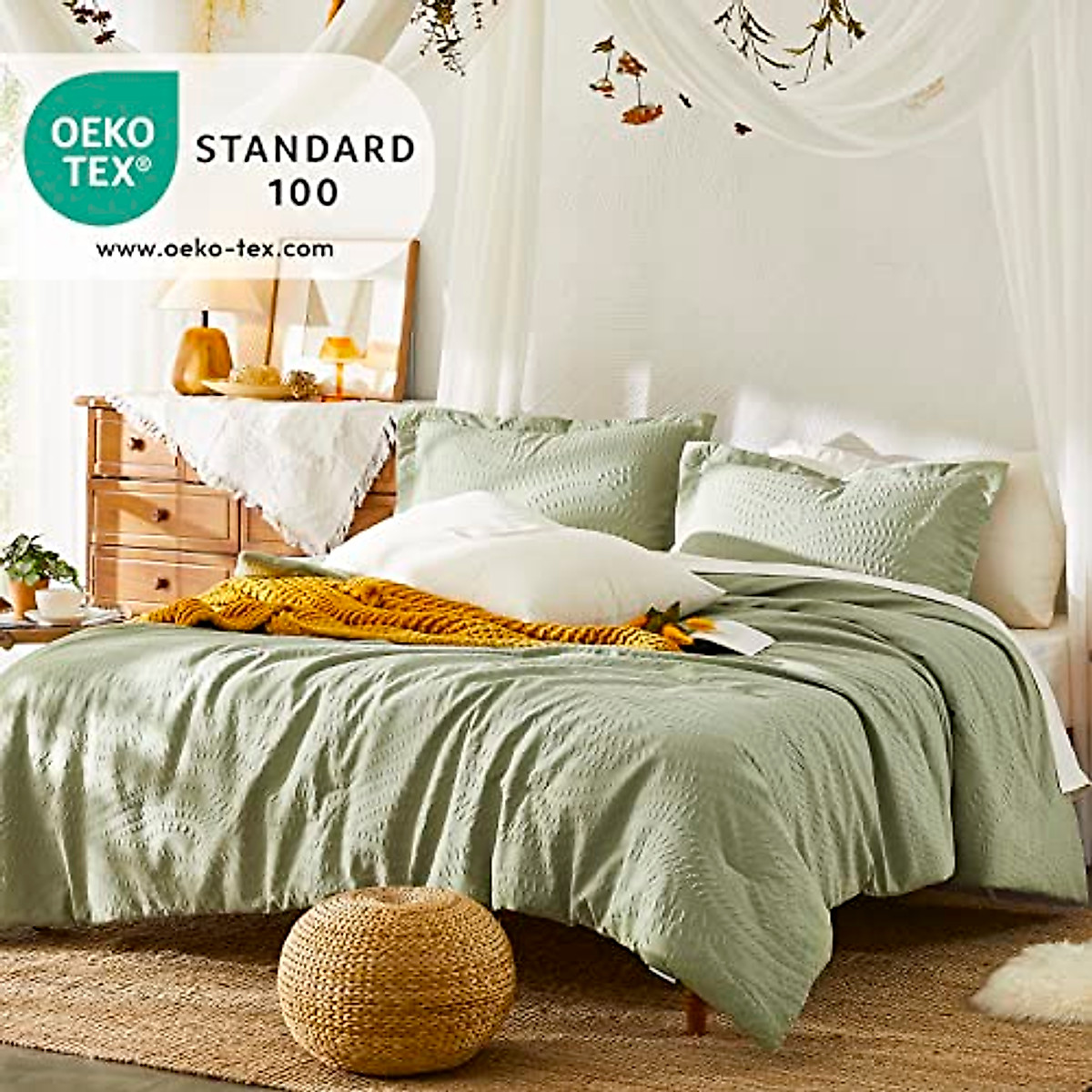 Geniospin Full Comforter Set, Bed in a Bag Sage Green Bedding Sets 7-Pieces, Botanical Pattern, All Season Comfortable Seersucker Bedding with Comforter, Sheets, Pillowcase & Shams(Full,80"x90")