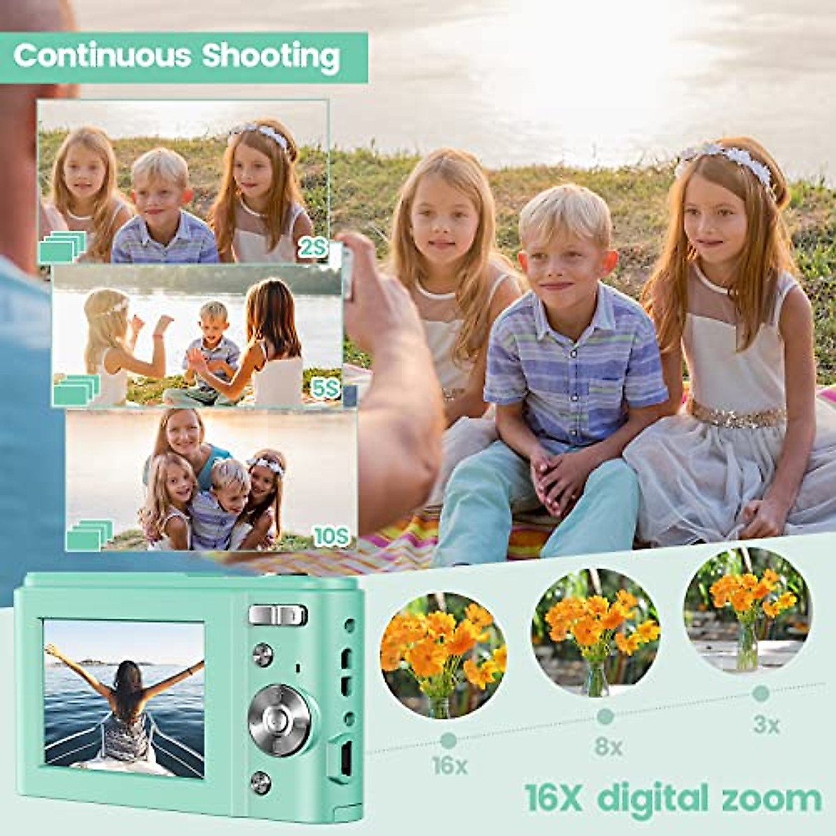 Digital Camera, HUMIDIER FHD 1080P 36MP 16X Digital Zoom Mini Vlogging Video Camera with Battery Charger, Compact Portable Cameras Point and Shoot Camera for Kids,Teens,Beginners (Green)