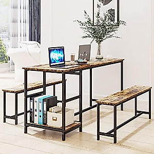 Dining Table Set for 4, 3 Piece Kitchen Table and Chairs Set with 2 Benches, Small Kitchen Table Set with Wine Rack and Glass Holder, Rustic Metal Frame for Breakfast Nook Apartment (Distressed Brown)